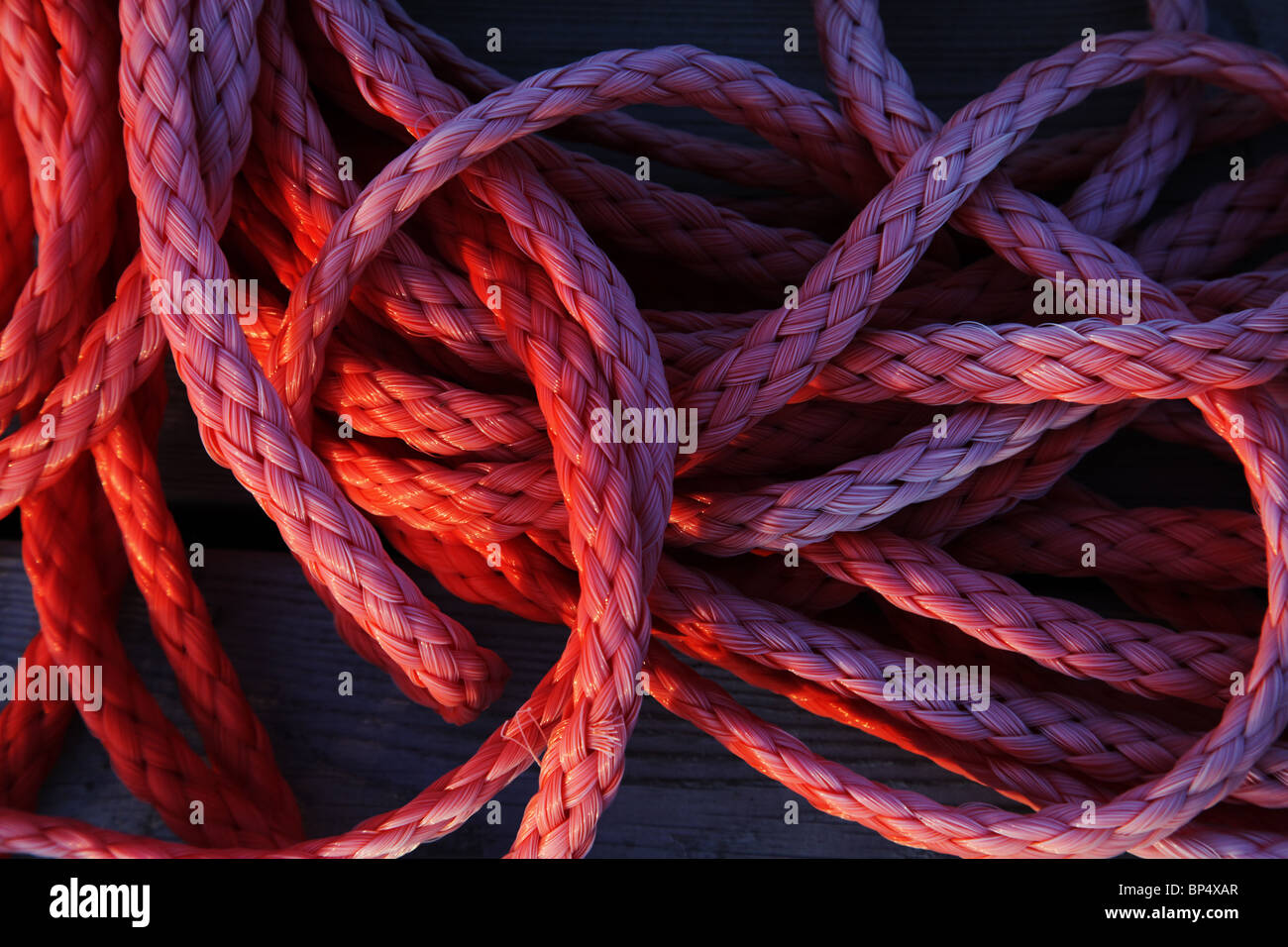 A coil of bright pink nylon sailing rope faded by the sun Stock Photo ...