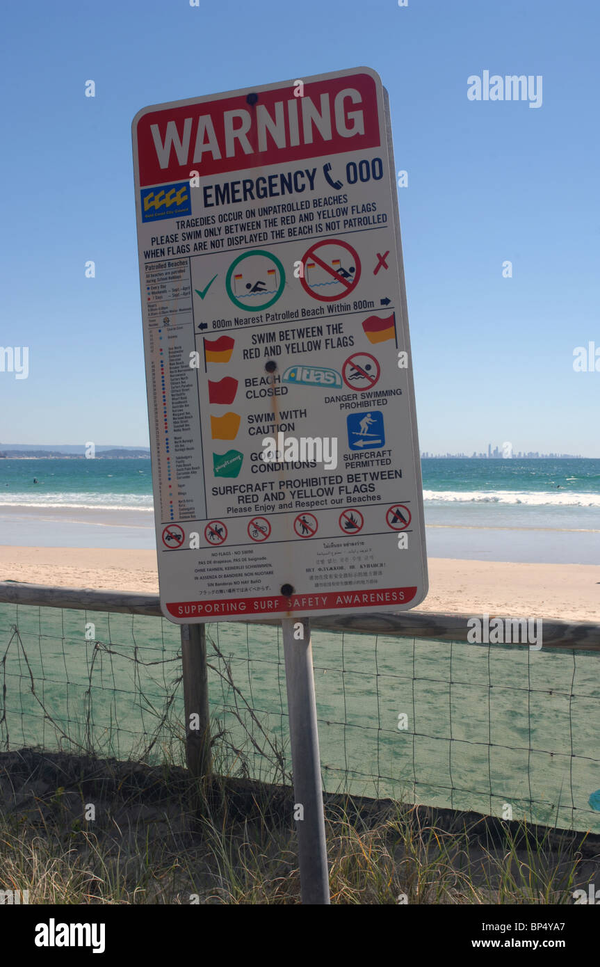 Beach Conditions Warning Sign on Rainbow Beach, Coolangatta, New South ...