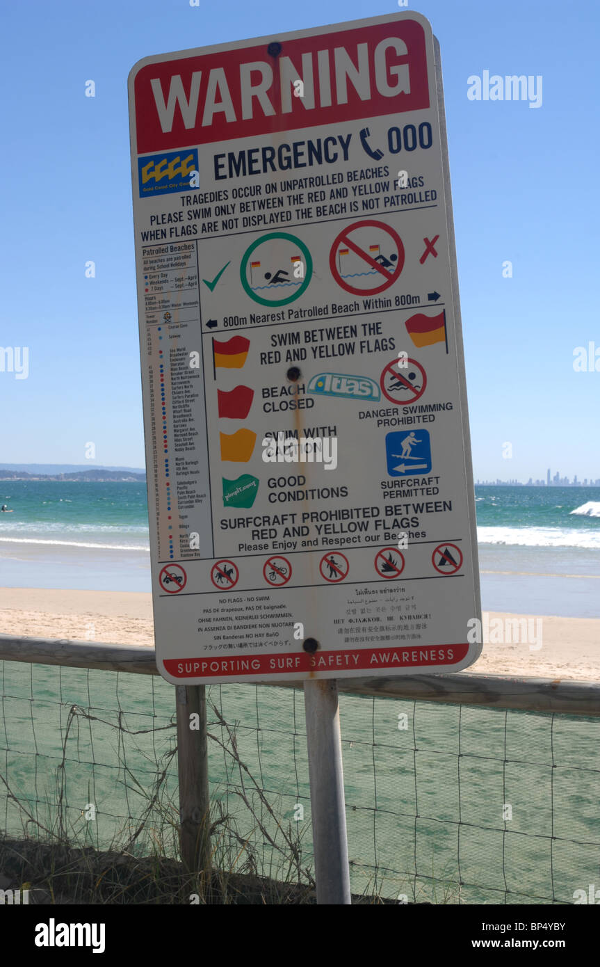 Beach Conditions Warning Sign on Rainbow Beach, Coolangatta, New South ...