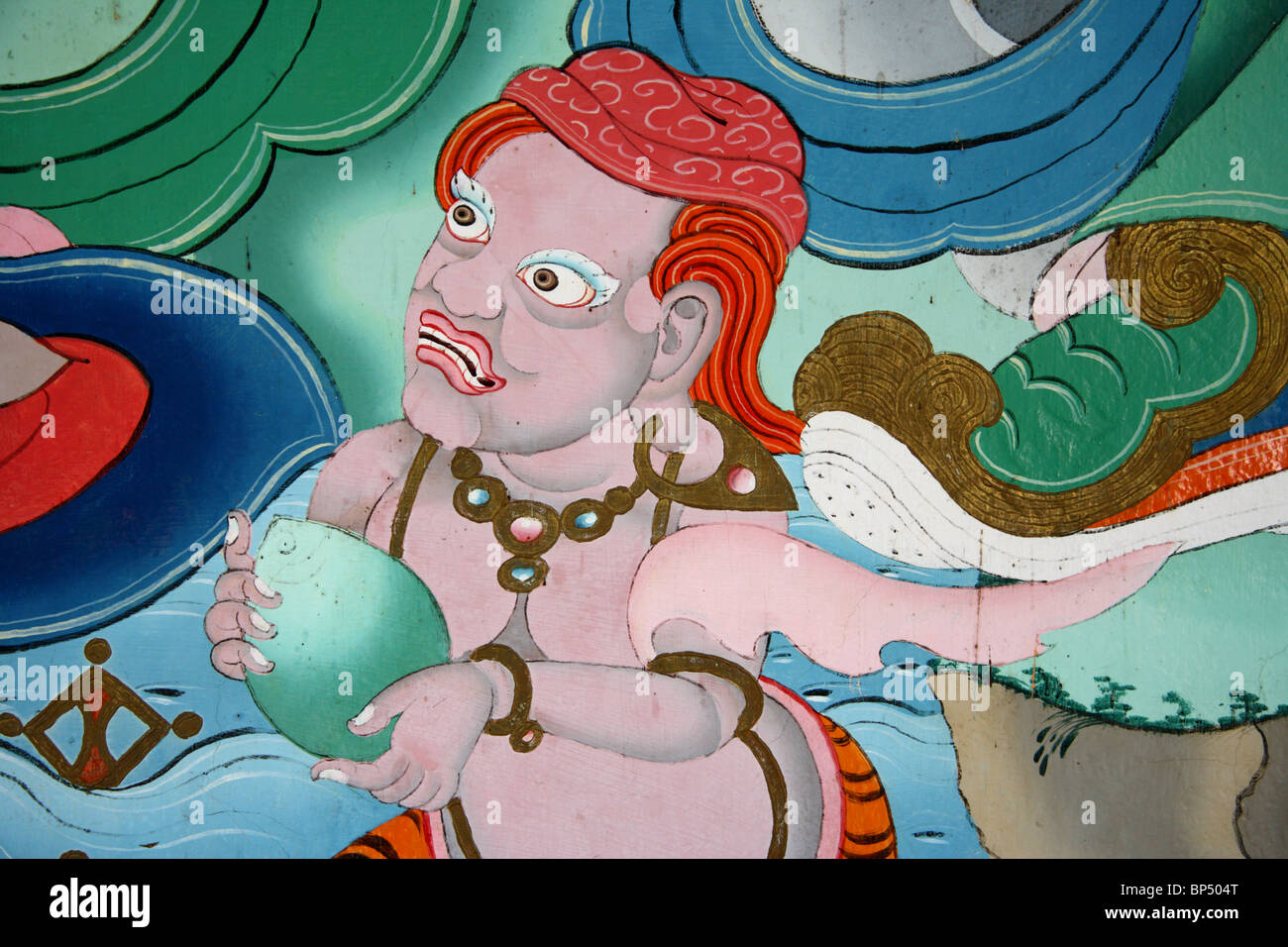 A detail of a mural in the Rumtek monastery in Sikkim near Gangtok ...