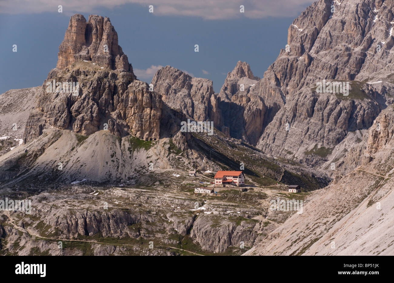 High altitude mountain dolomite landscape, with refuge Locatelli, on ...