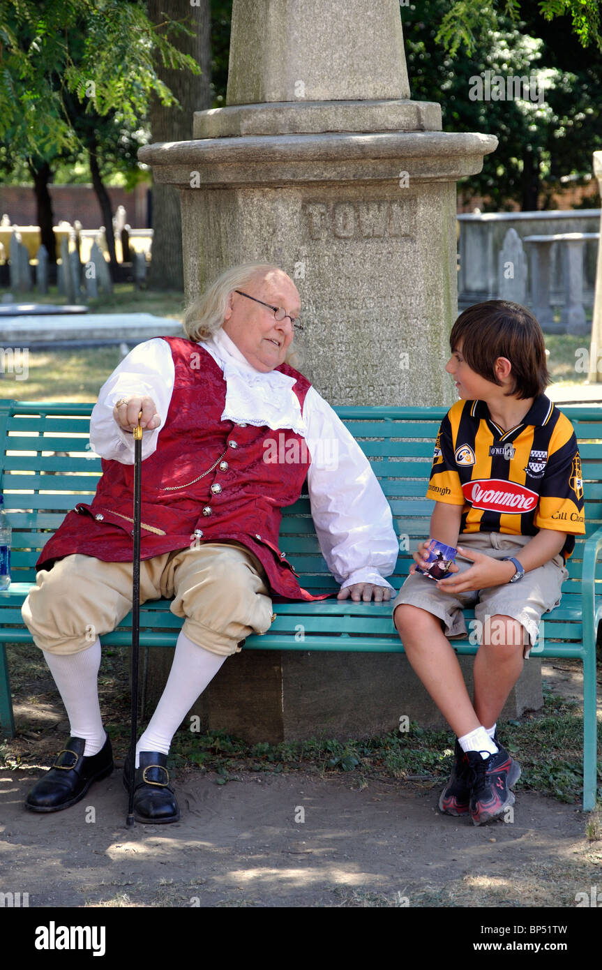 Actor dressed as Benjamin Franklin talking to a boy, Philadelphia ...