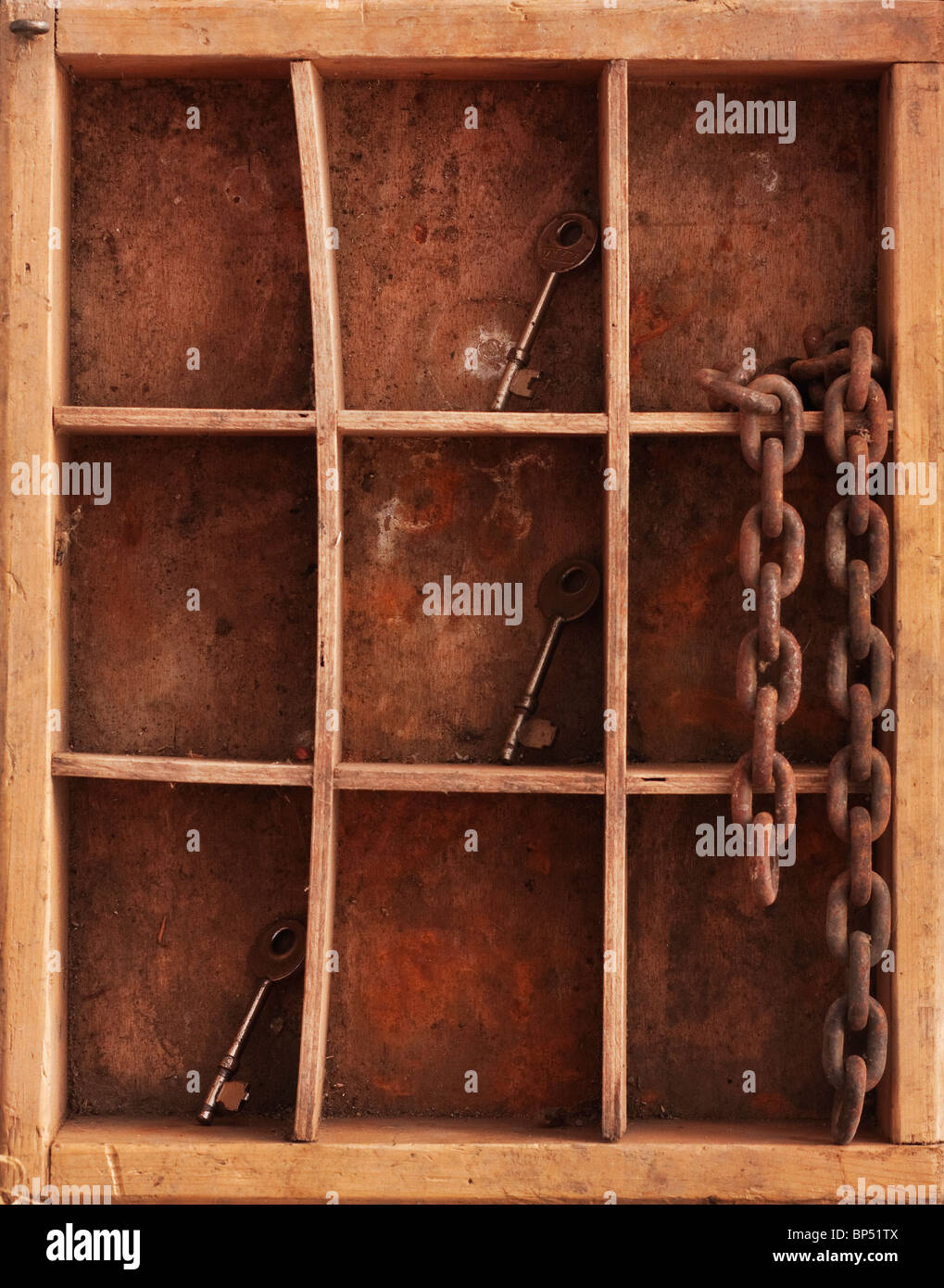 a still life composition with old dusty shelves with three keys Stock ...
