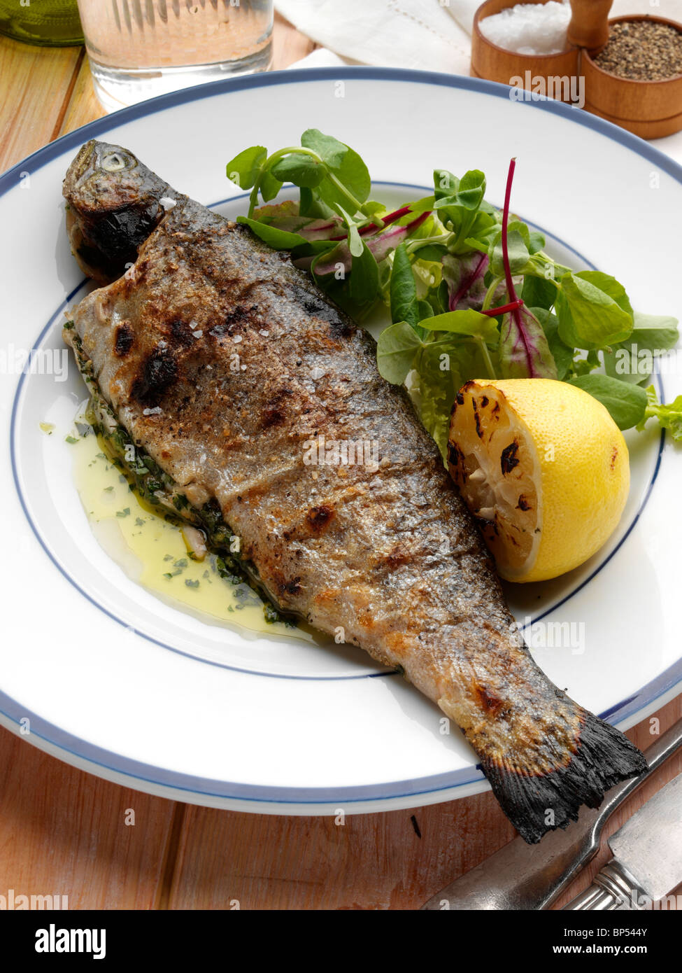 Individual portion of broiled rainbow trout and salad Stock Photo - Alamy