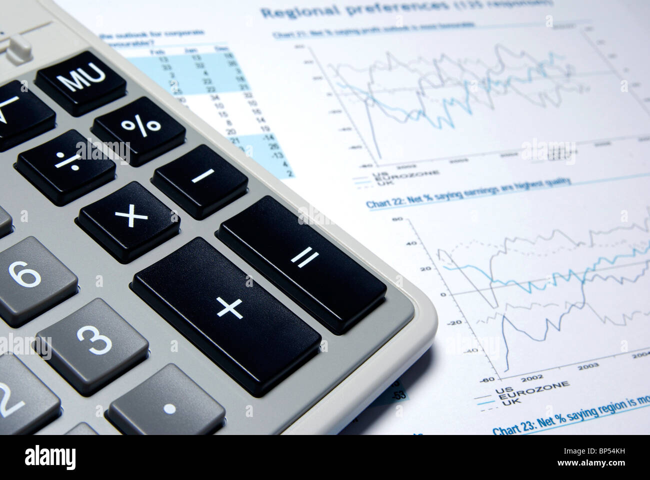Calculator and business report Stock Photo - Alamy