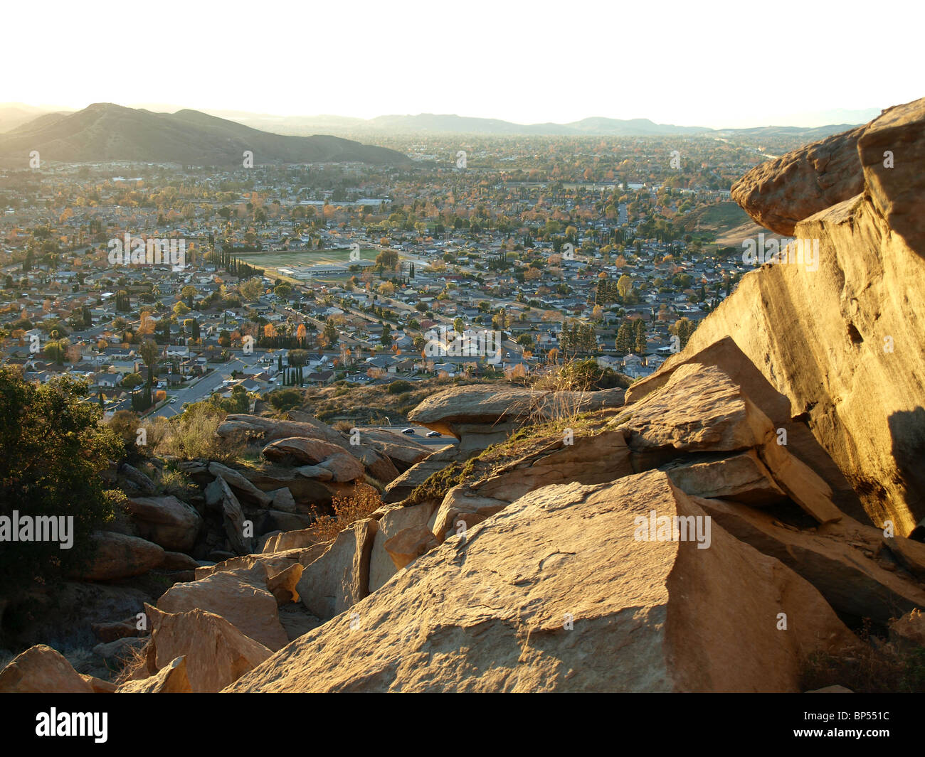 Afternoon view of rock formations and suburban Simi Valley California ...