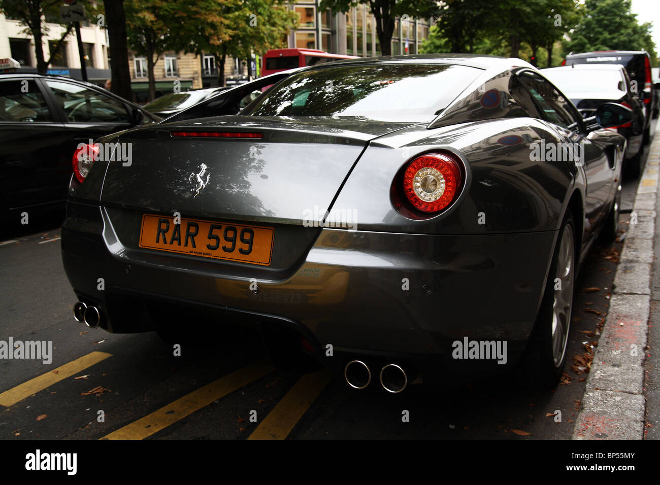 The back of a Ferrari 599 GTB in front of the Georges V Hotel Stock ...