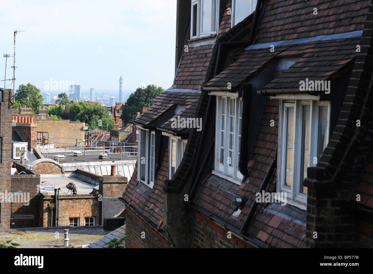 Over the rooftops of Hampstead, in the distance is a view of London ...