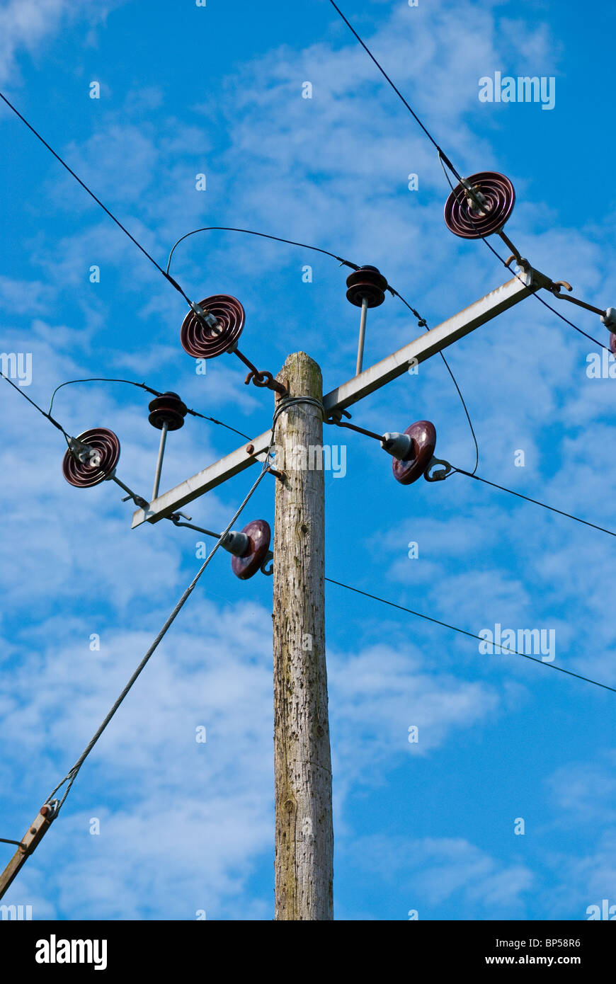 power cables set against blue sky Stock Photo - Alamy