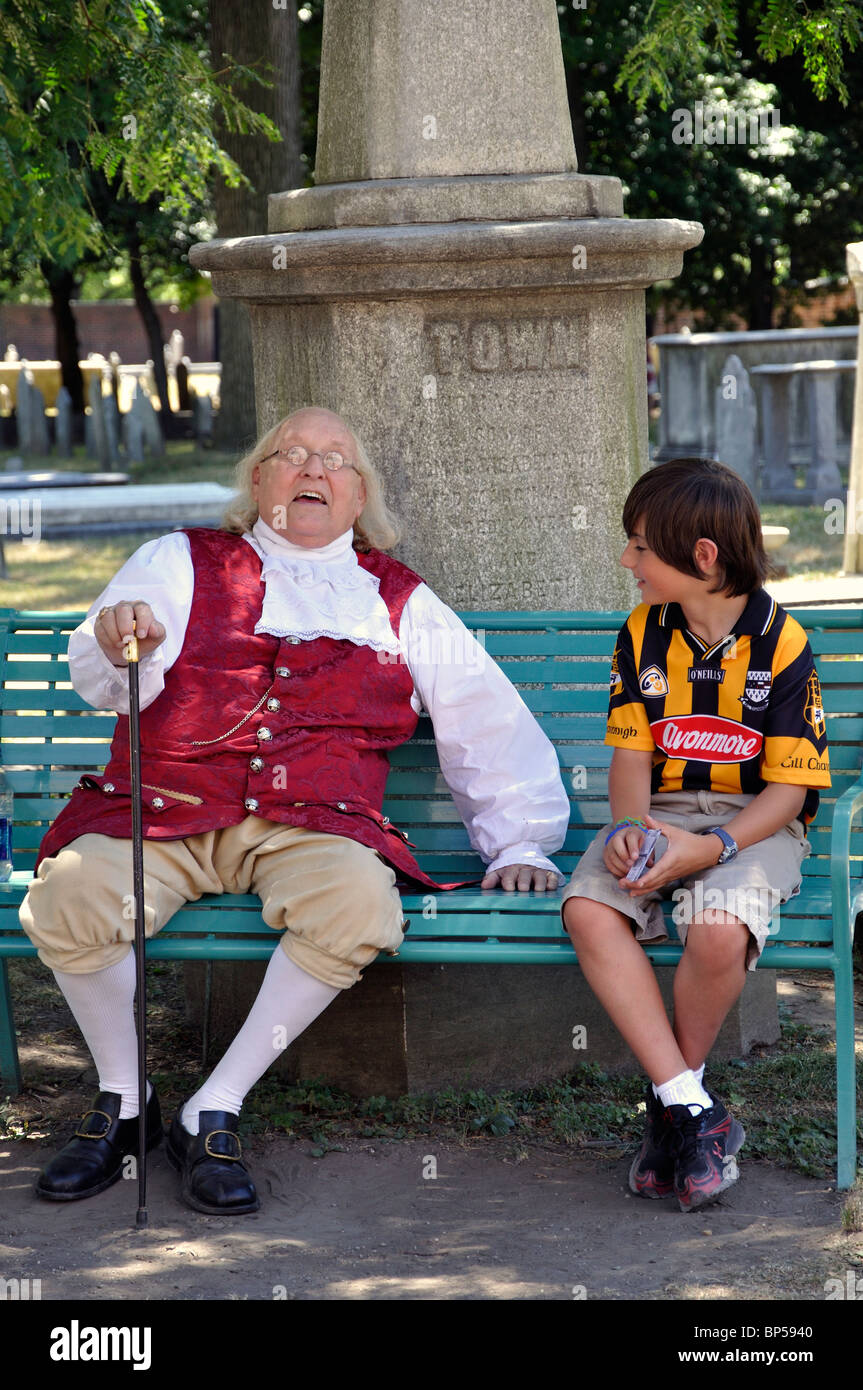 Actor dressed as Benjamin Franklin talking to a boy, Philadelphia ...
