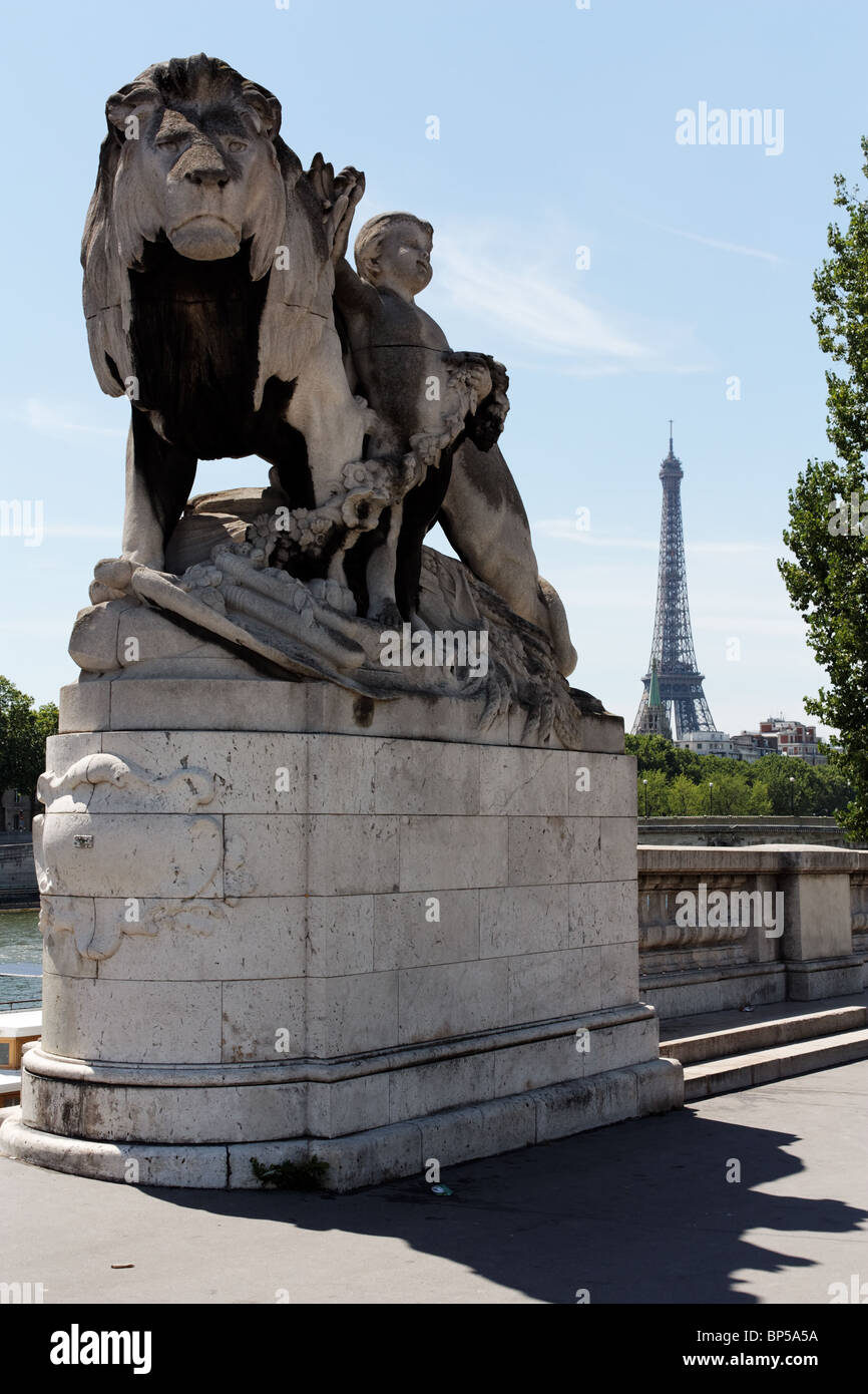 Child and lion,Alexander III Bridge, Eiffel Tower, Paris Stock Photo ...