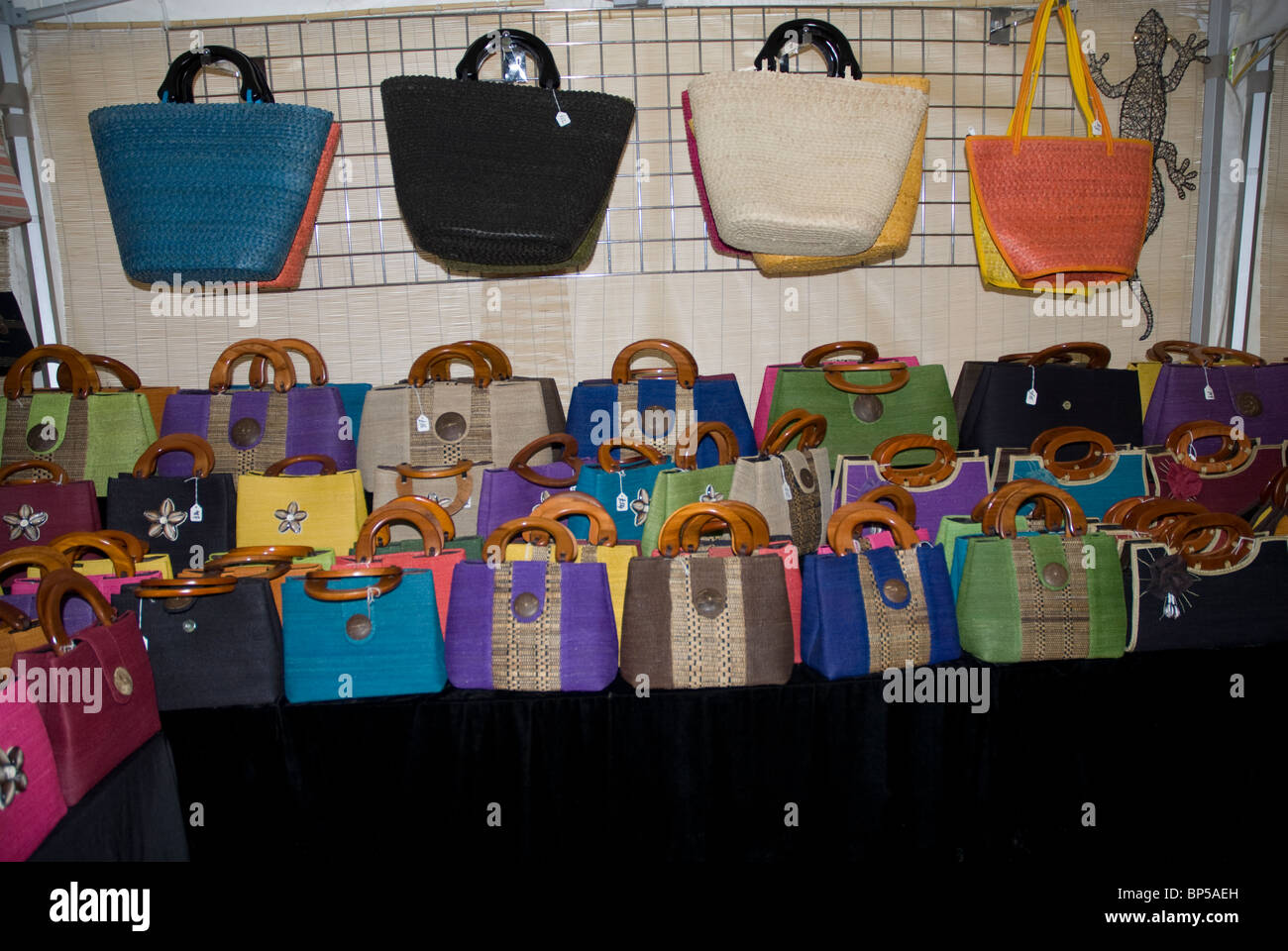 Stall at a craft fair bags and baskets for sale at a stall in Bath ...