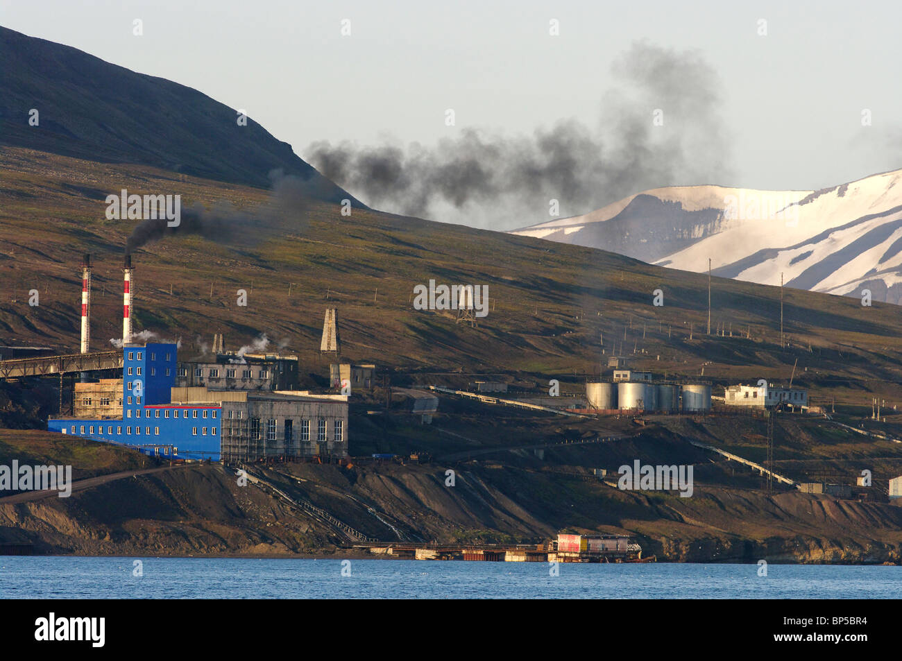 Smoke from a coal mine of the Russian town of Barentsburg, Svalbard ...