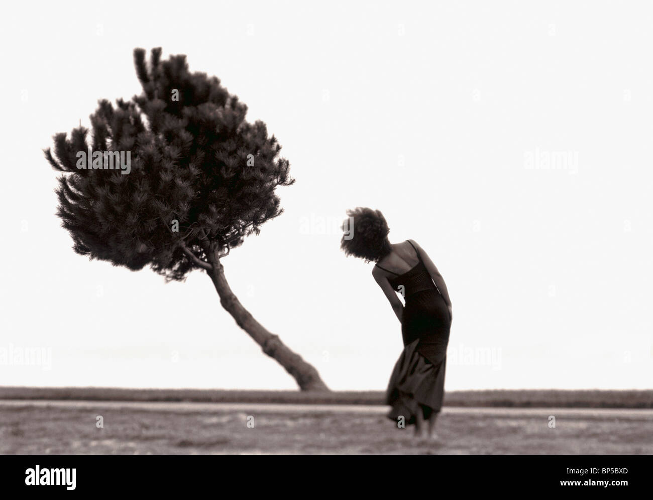Woman in landscape bending body to imitate bending tree Stock Photo - Alamy