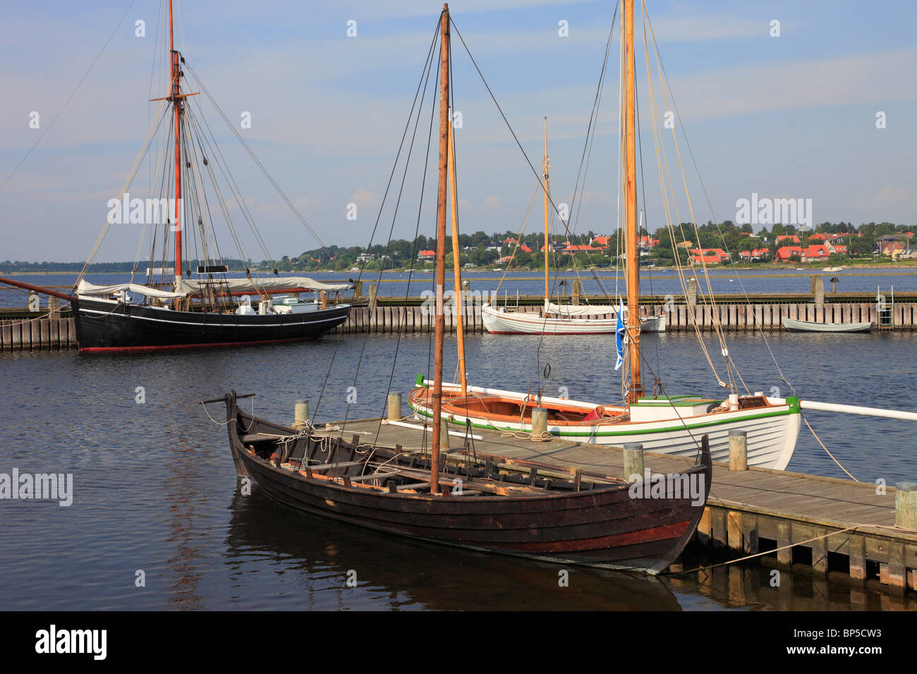 Denmark, Zealand, Roskilde, harbour on the fjord, traditional sailboats ...
