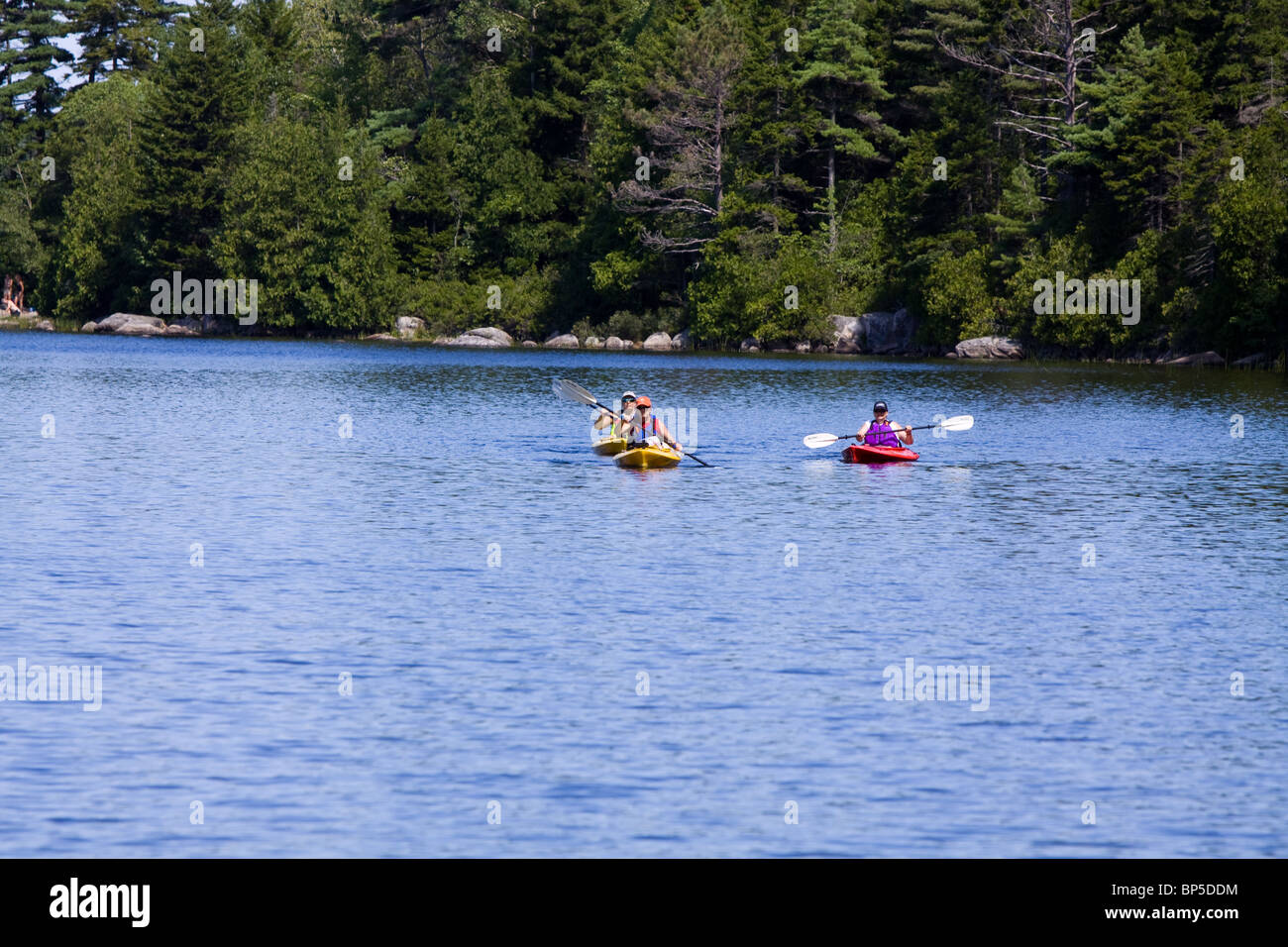 Three women on kayaks in Acadia National Park,Echo lake Stock Photo - Alamy
