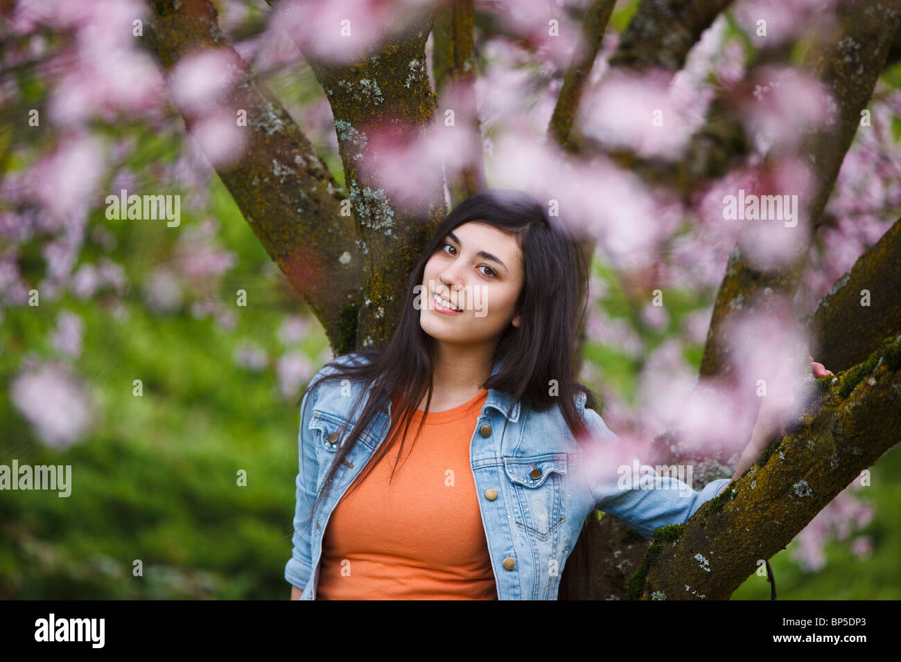 Portland, Oregon, United States Of America; A Teenage Girl By A Tree In ...