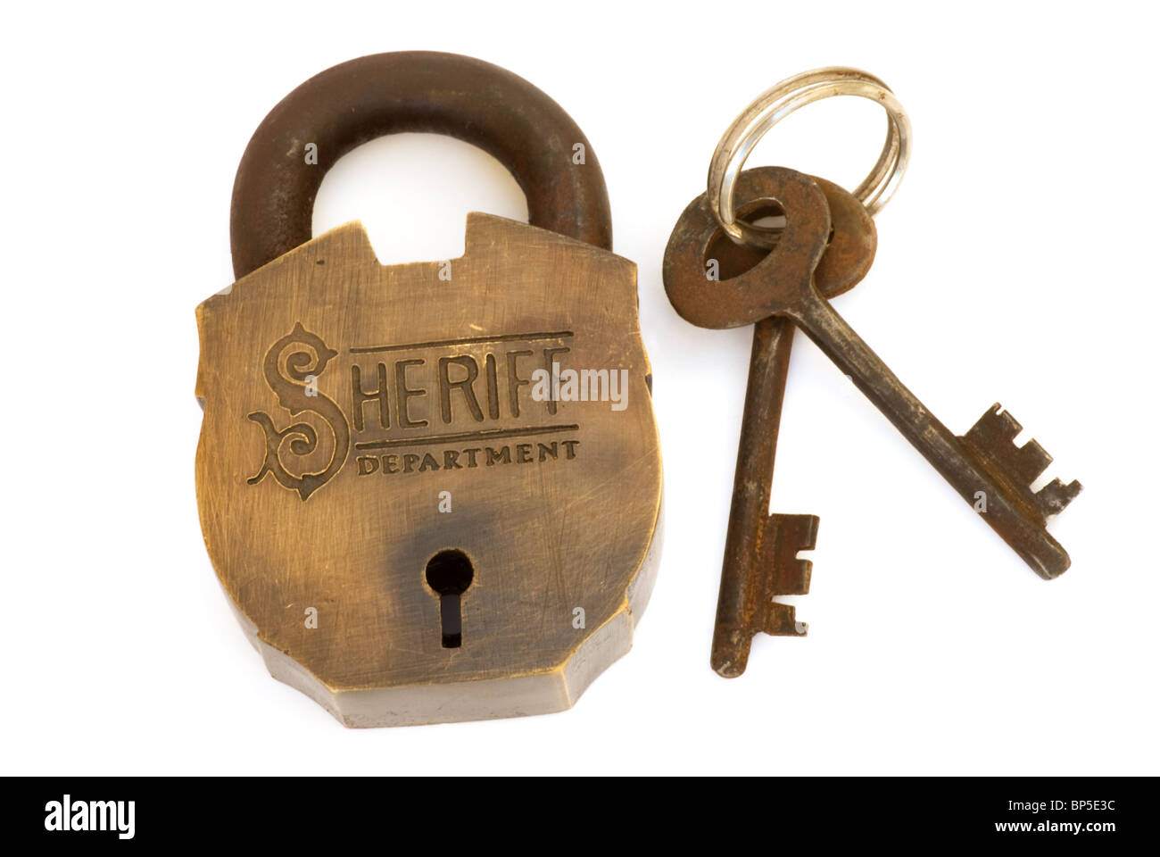 Brass sheriff department engraved logo lock with keys to the right ...