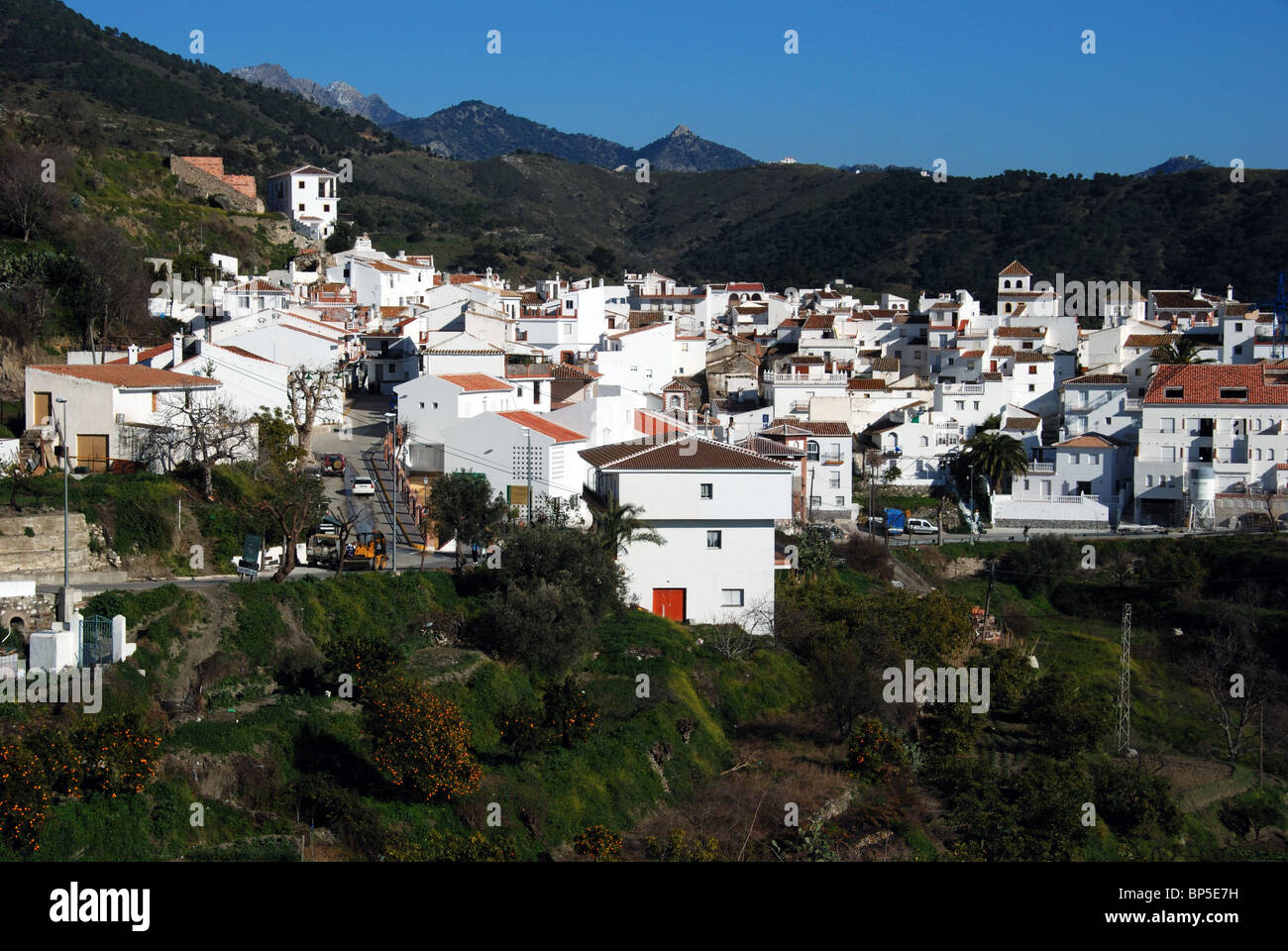 View of whitewashed village (pueblo blanco), Sedella, Costa del Sol ...