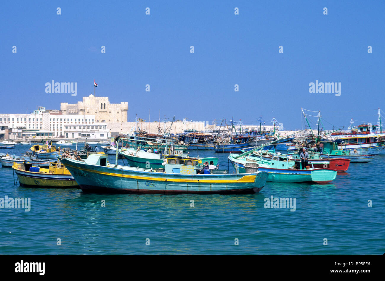 Fishing fleet, Qait Bey Fortress, harbor, Alexandria, Egypt Stock Photo ...