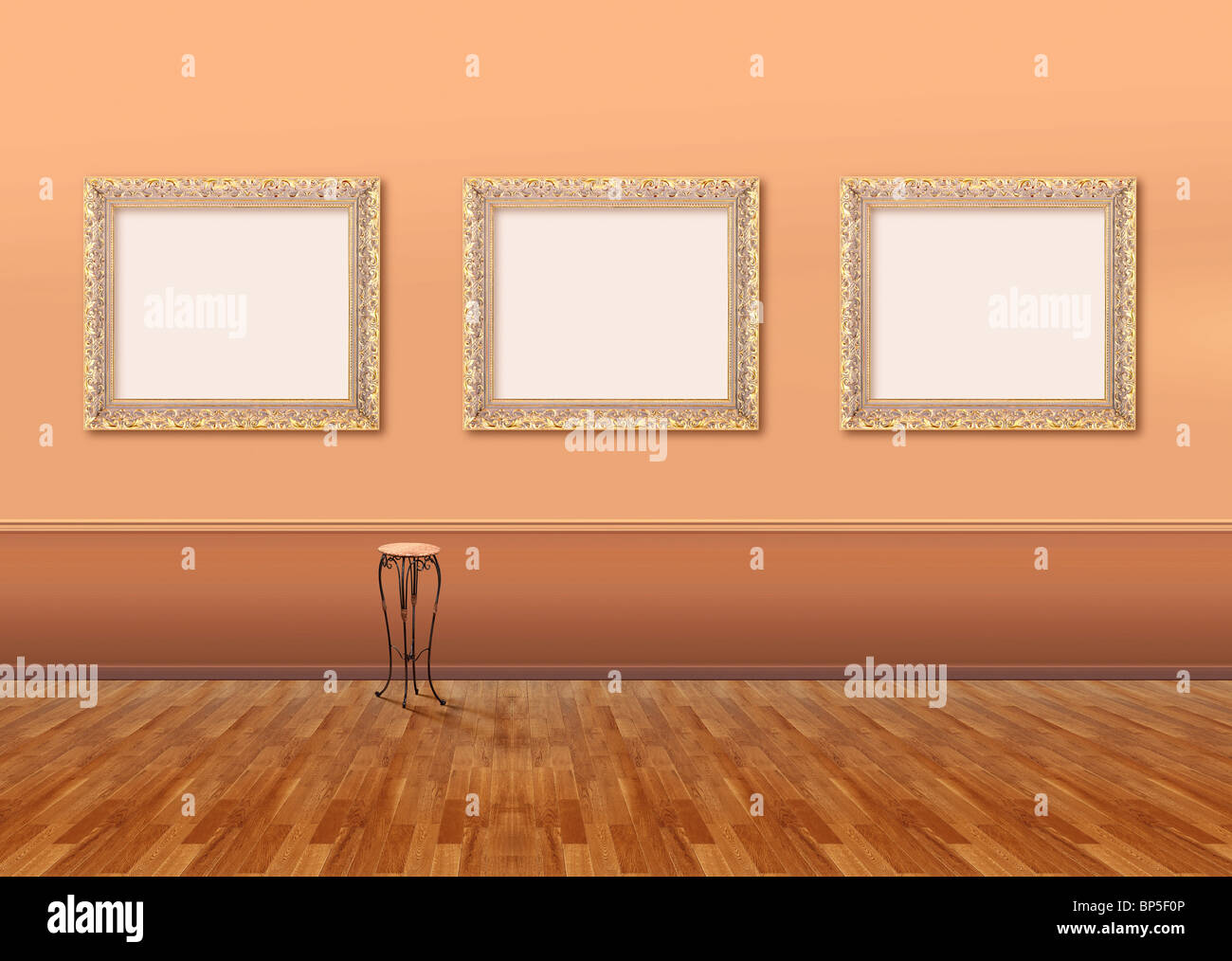 Contemporary museum gallery interior, blank paintings and photographs ...