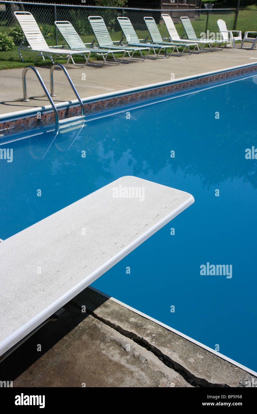 Swimming pool diving board and deck chairs, Bar Harbor, USA Stock Photo ...