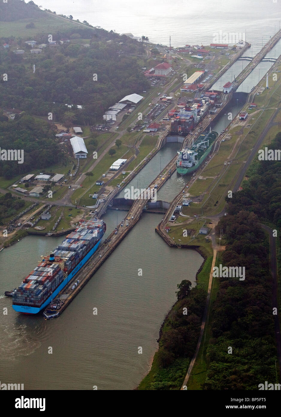 aerial view above container ships Gatun Locks Panama Canal Stock Photo ...