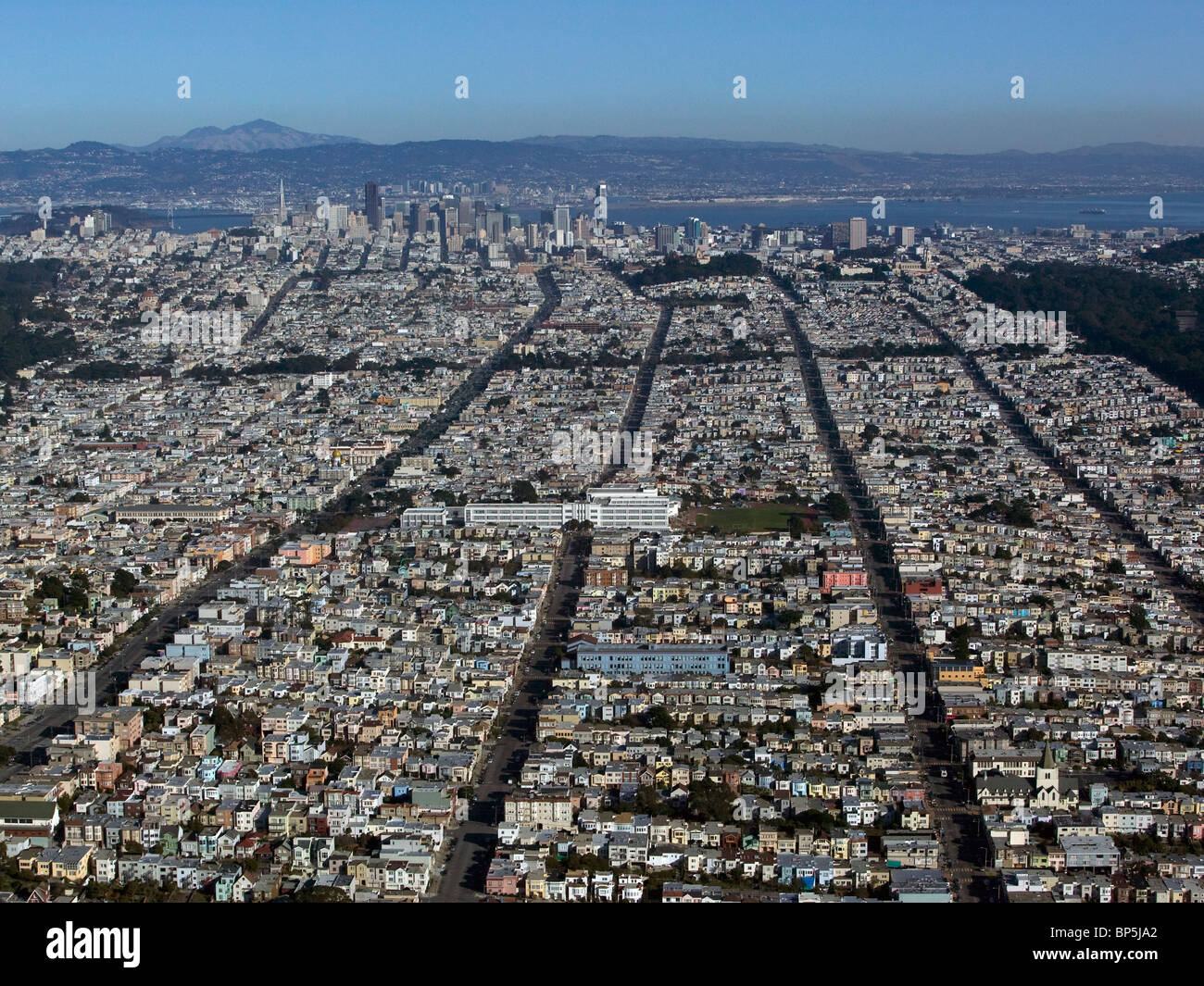 aerial view above residential sunset district toward Mount Diablo and ...