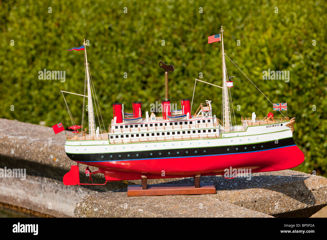 A childs model boat toy at the Sheringham model boating lake, Norfolk ...