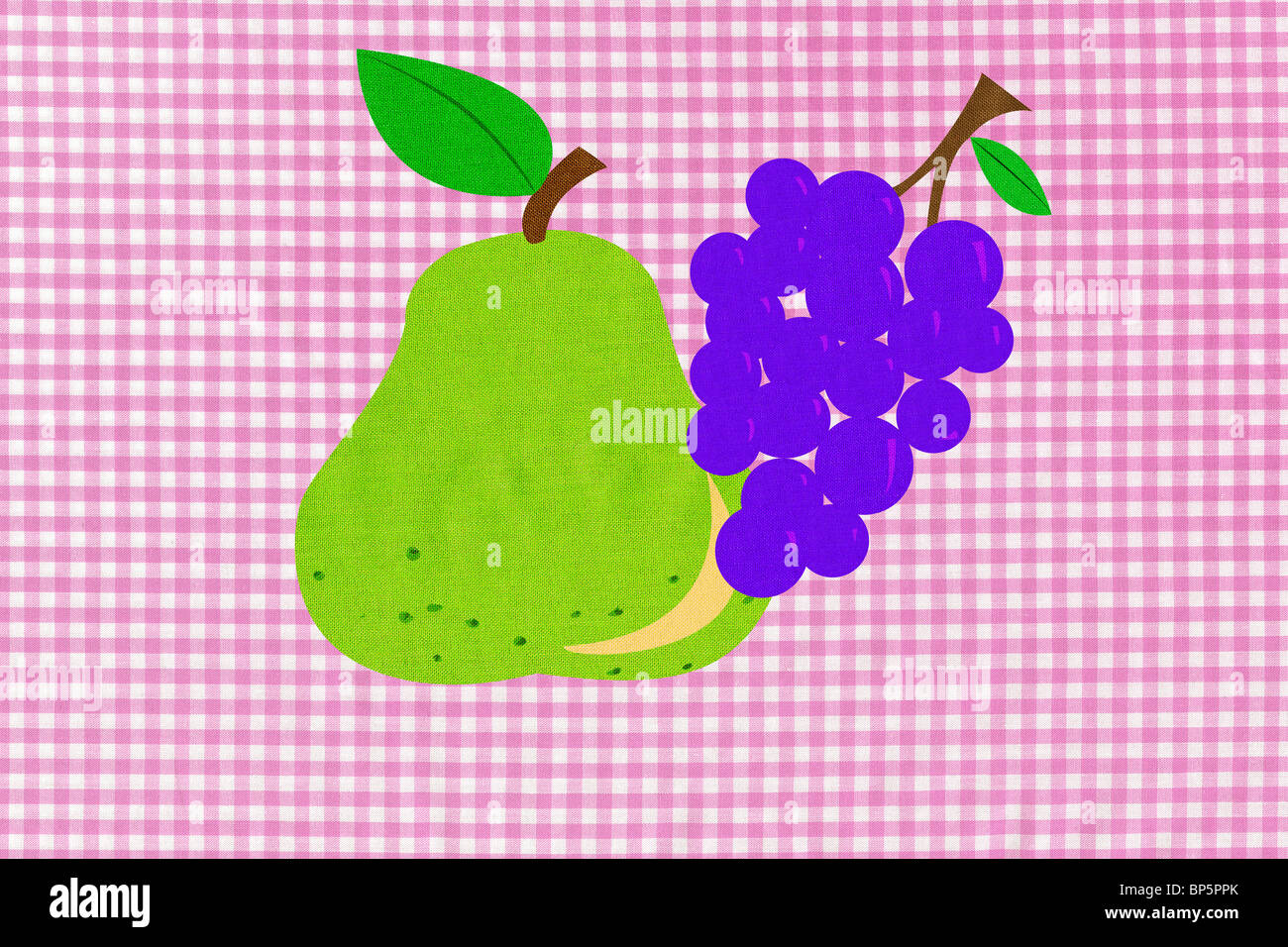 Grapes and pear on pink gingham background Stock Photo - Alamy