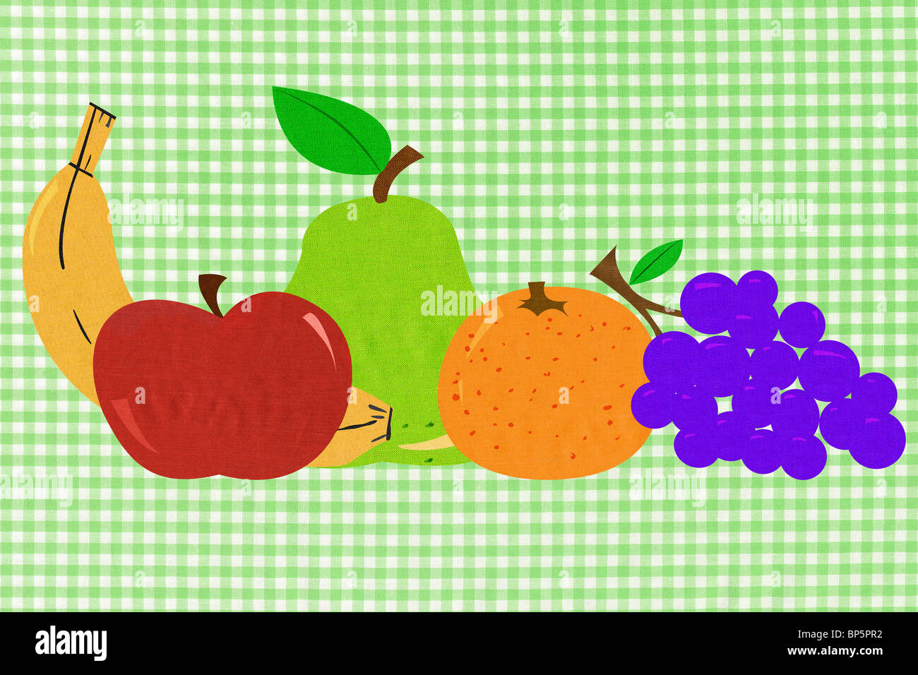 Fruit on green gingham background Stock Photo - Alamy