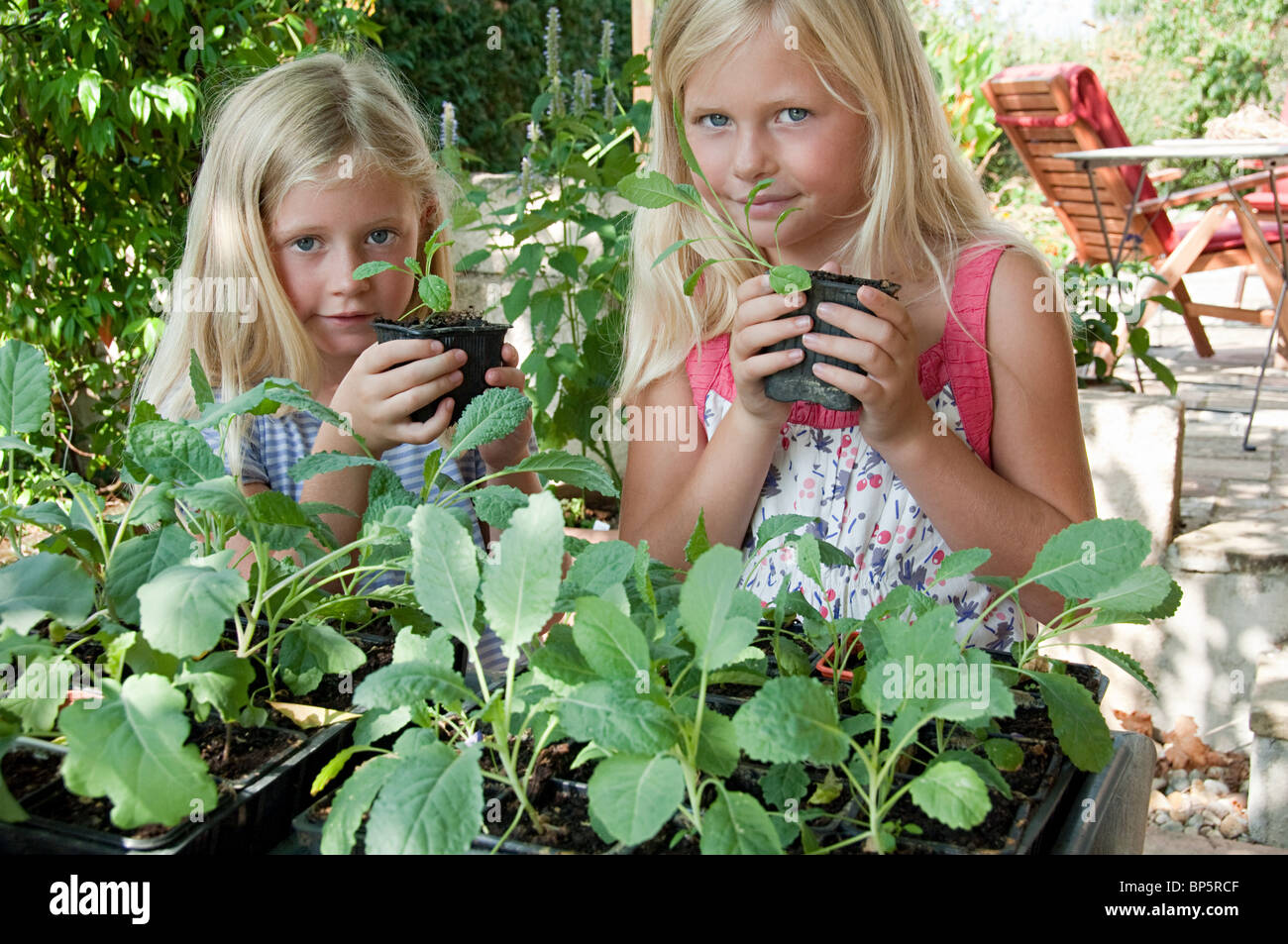 Girls gardening in vegetable garden Stock Photo - Alamy
