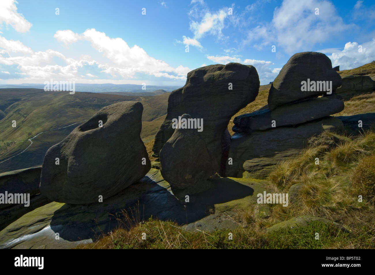 Wind sculpted sandstone rocks on the Kinder Scout plateau above Edale ...