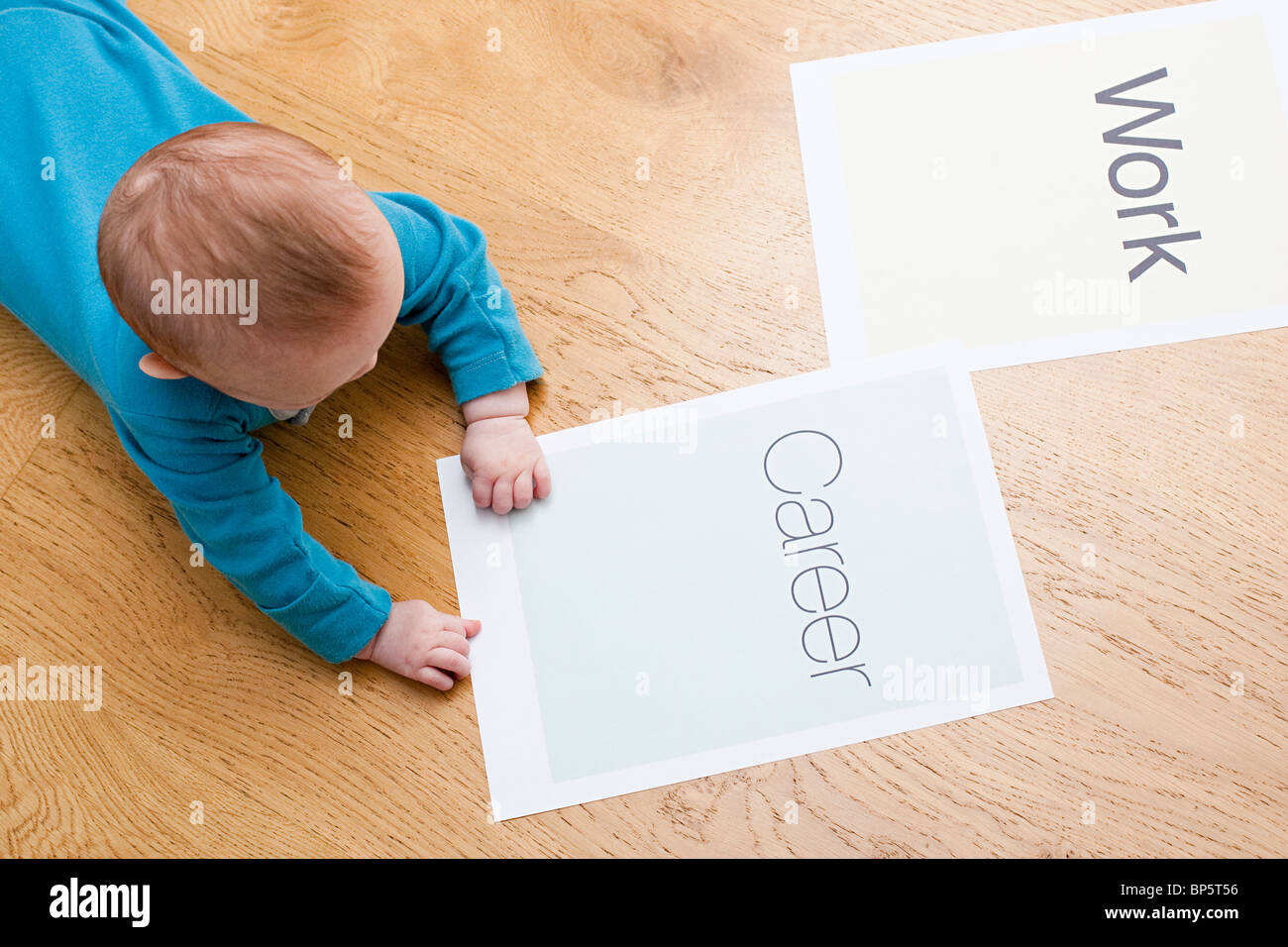 Baby with papers saying work and career Stock Photo - Alamy