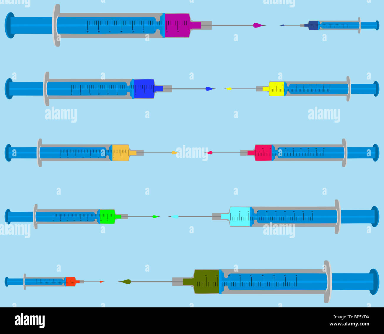Illustration of filled injections on blue background Stock Photo - Alamy