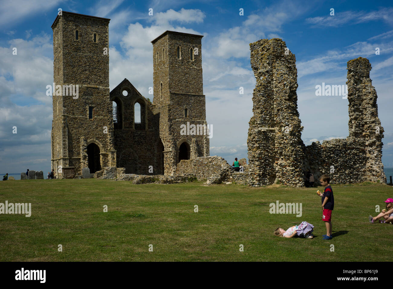 Children Playing at Reculver Towers. Reculver towers is a striking pair ...