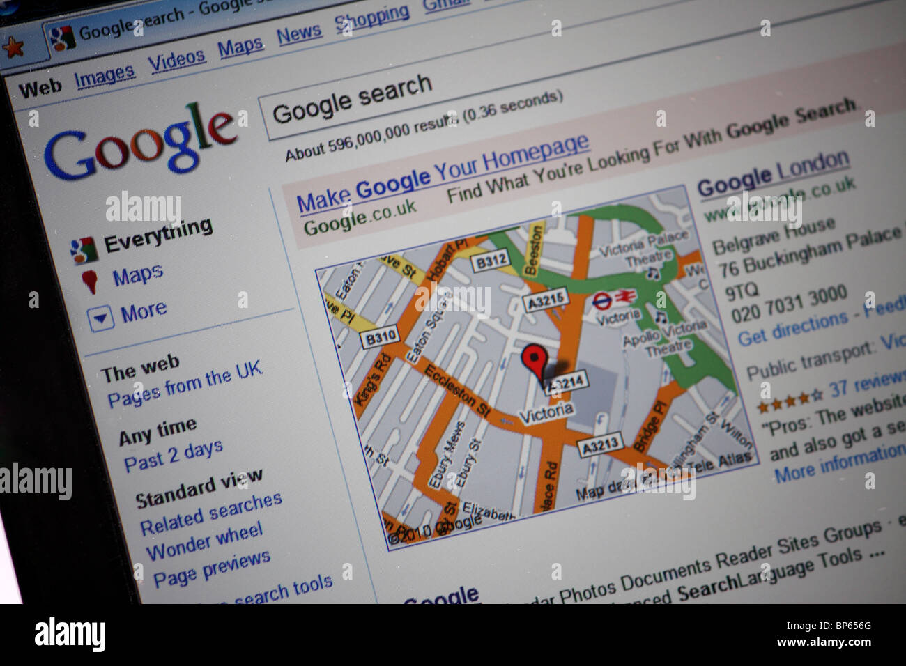 A search on Google showing Googles work place address, map and ...