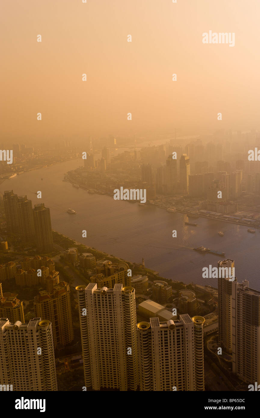 Aerial view of Shanghai city skyline smog pollution, China Stock Photo ...