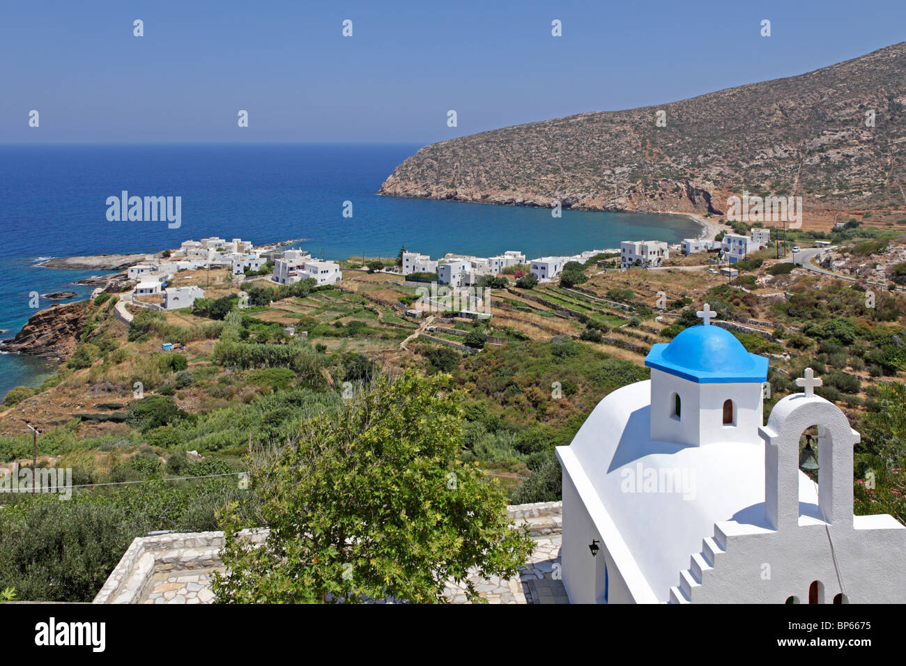 church overlooking the village of Apolonas, Island of Naxos, Cyclades ...
