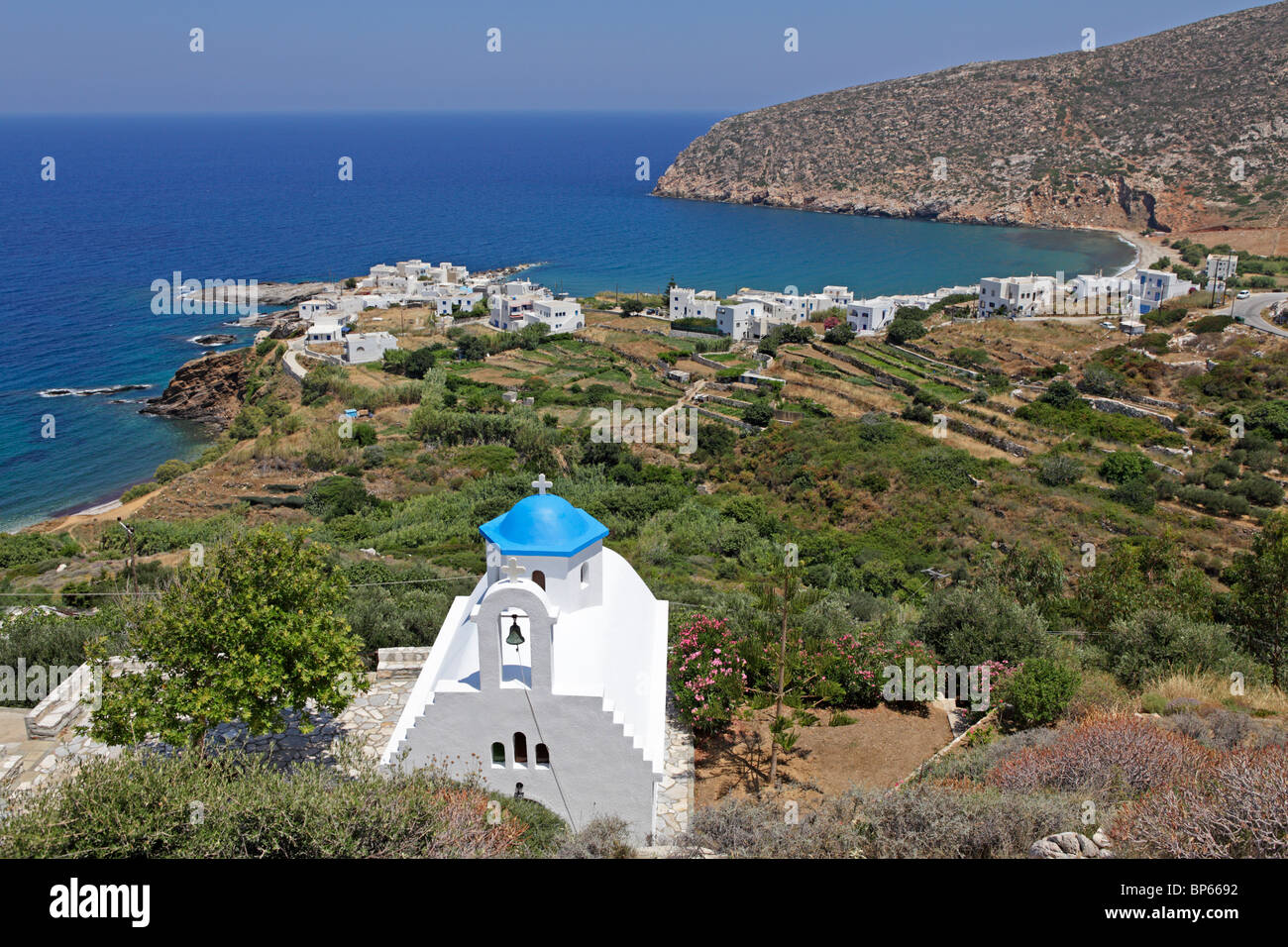 church overlooking the village of Apolonas, Island of Naxos, Cyclades ...