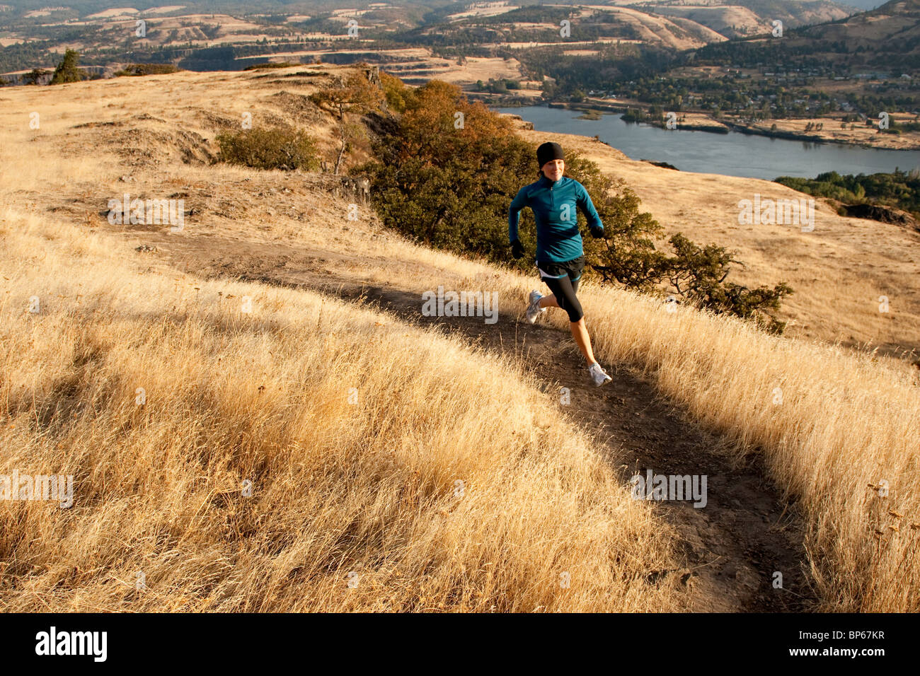Athletic women trail running through a golden field in Oregon Stock ...