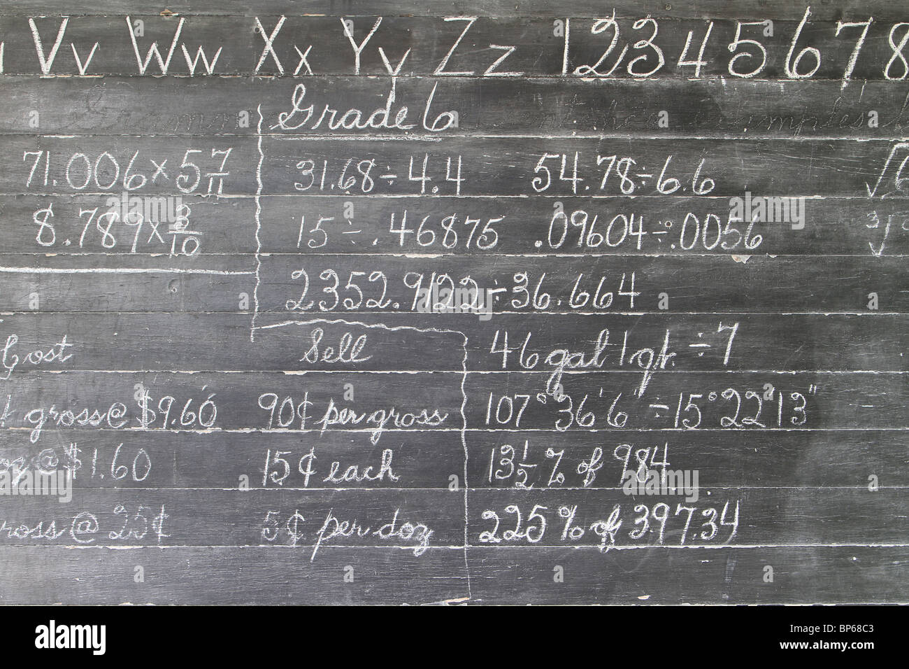 Chalk board with sixth grade alphabet and math equations. Learning at ...