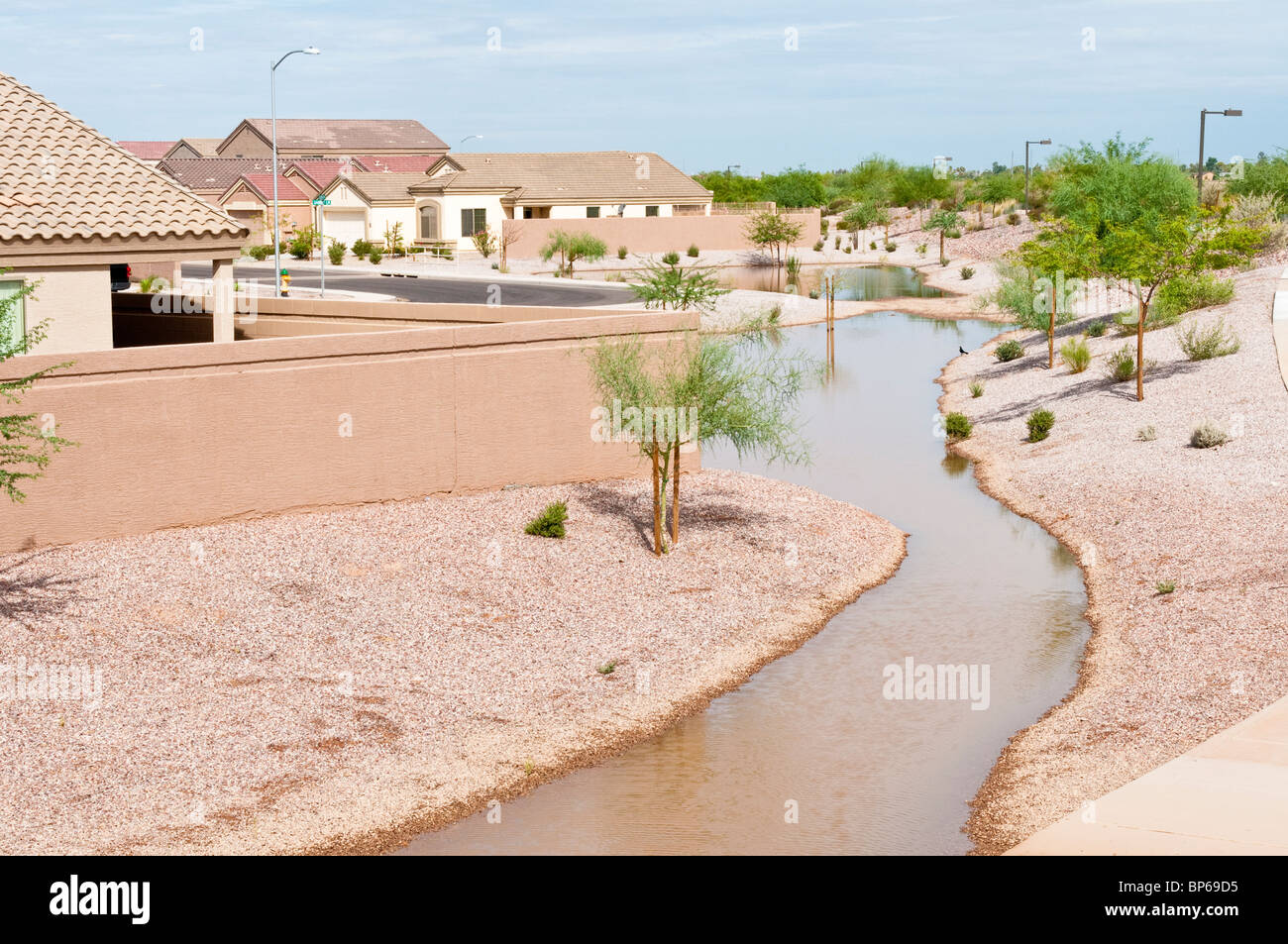 Storm water is collected in runoff basins in a residential area Stock ...