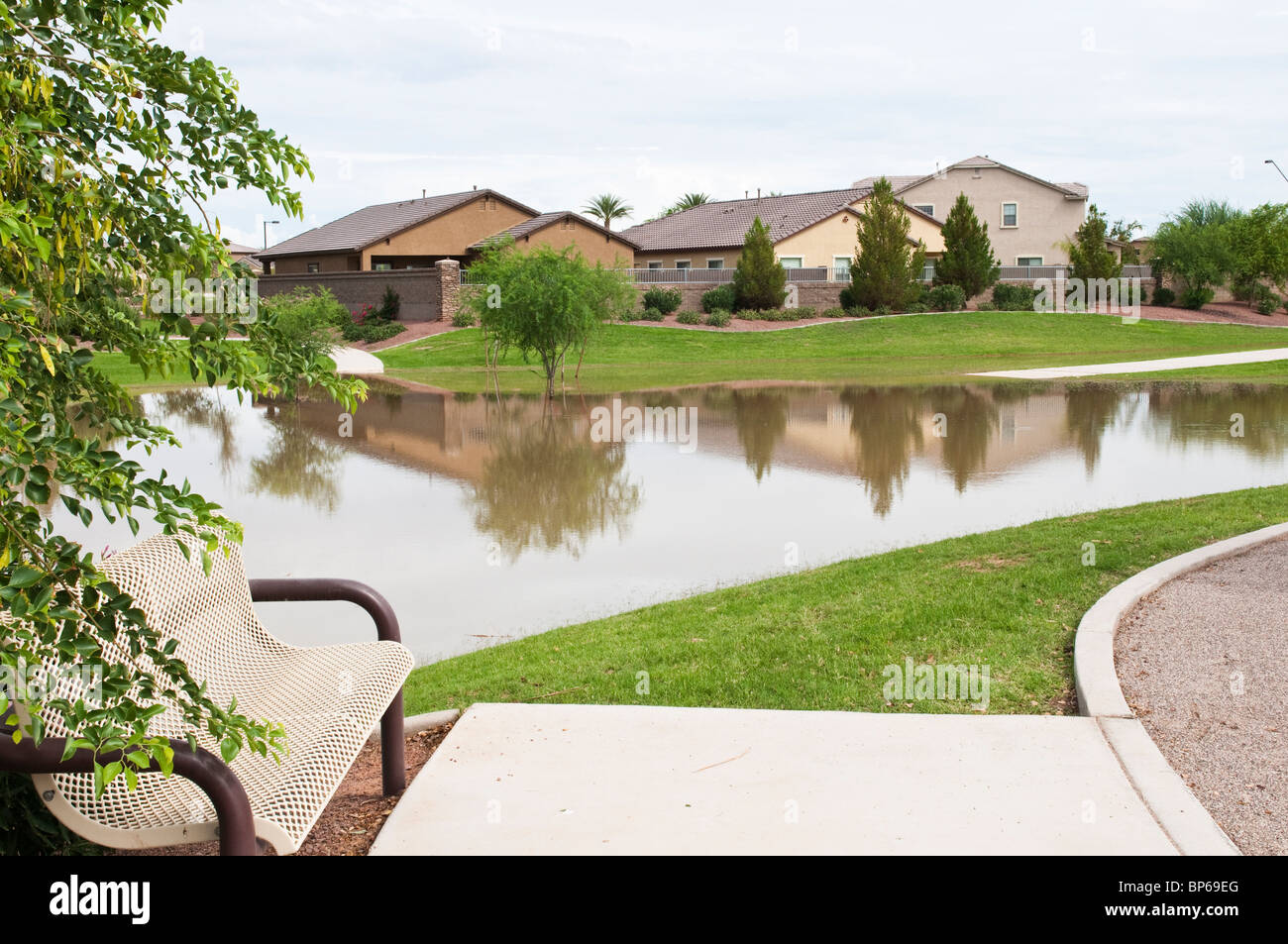 Storm water is collected in runoff basins in a residential area Stock ...