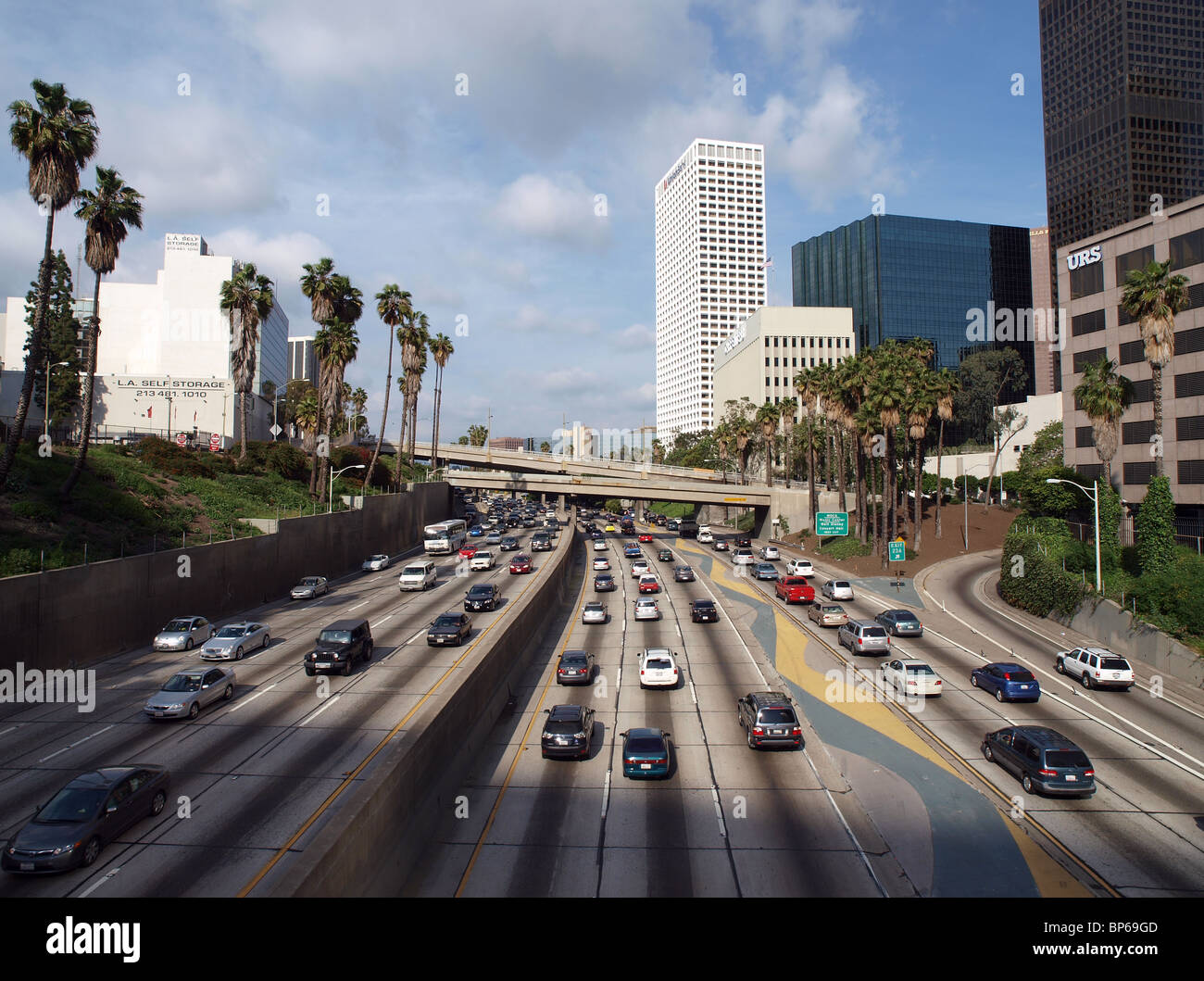DOWNTOWN LOS ANGELES CALIFORNIA - MARCH 30, 2010: Traffic moves freely ...