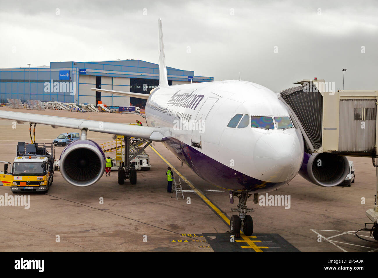 Monarch airlines airbus at stand in Manchester airport. Airbus A300B4 ...