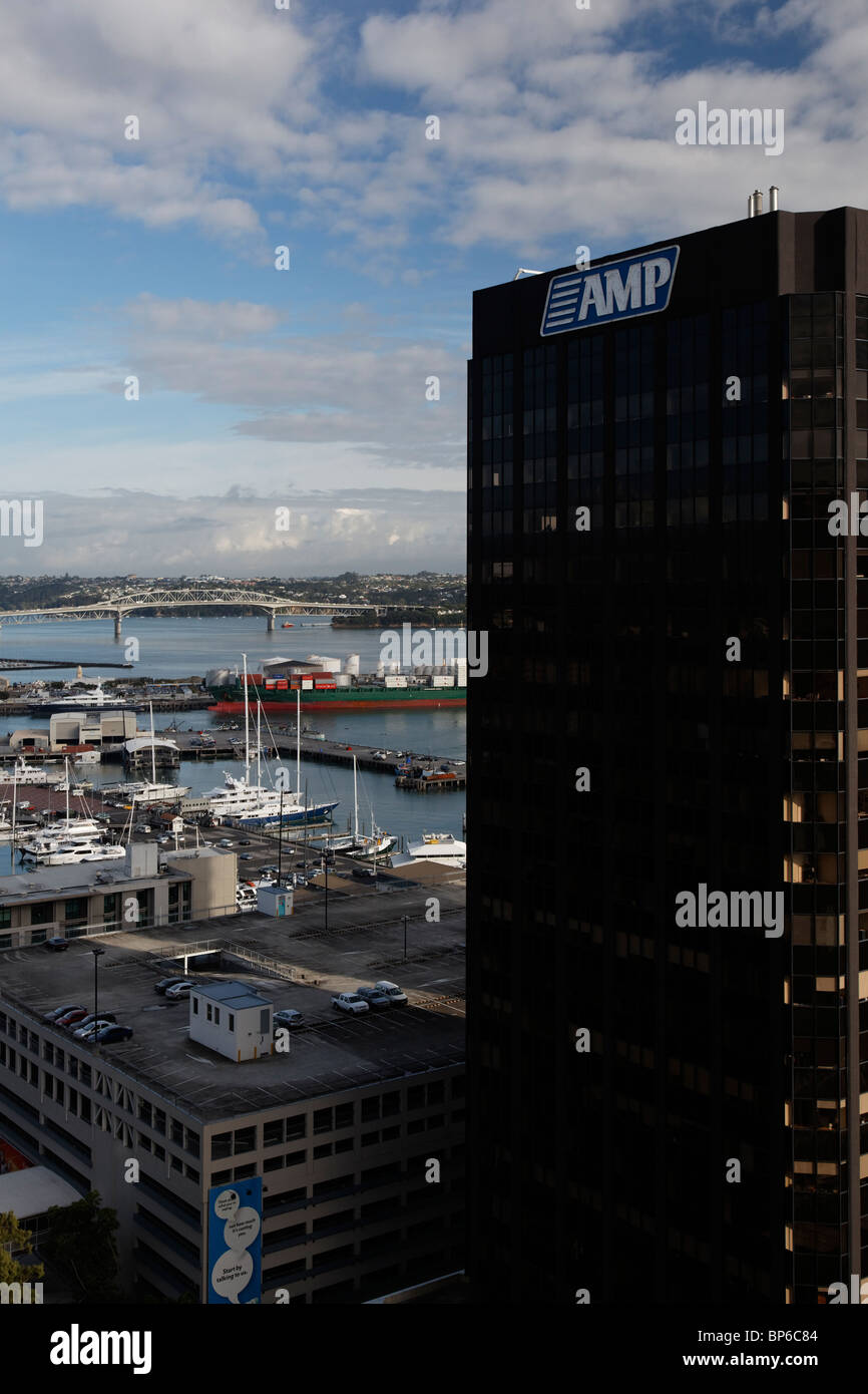 A view of Aucklands harbour and Harbour bridge with the AMP offices ...