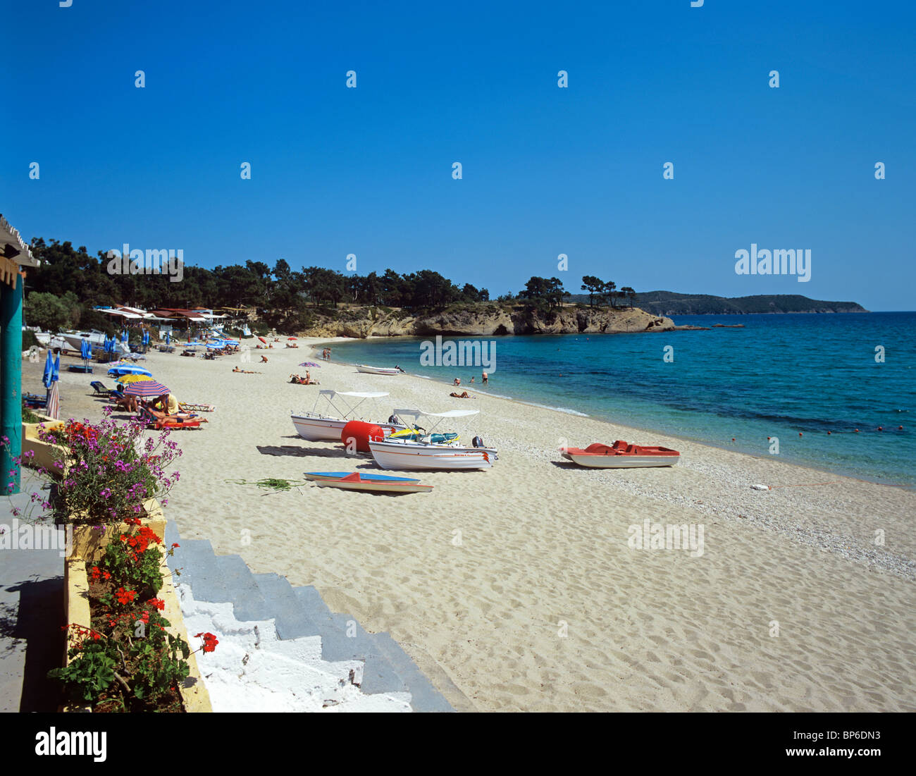 View of Pefkari beach beach from a beachside Taverna on the island of ...