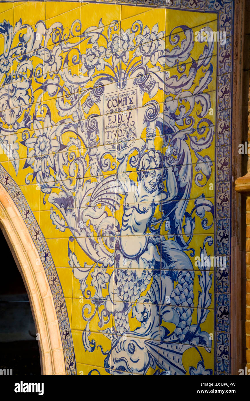 Decorative tile / tiles / tiling / on a tiled bridge of Seville's Plaza ...