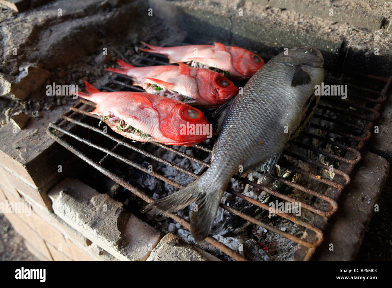 Detail of fish cooking on a barbeque grill Stock Photo - Alamy
